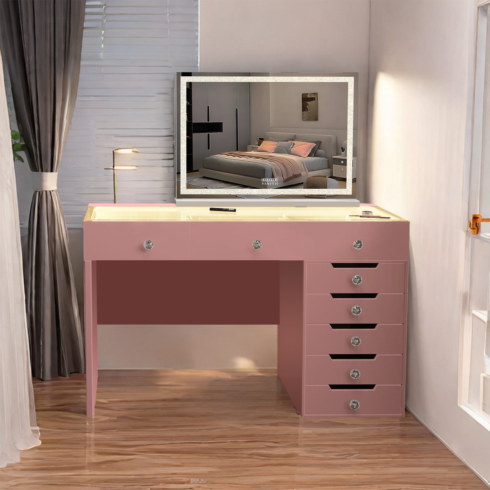 VANITII Diana Pink Vanity Desk - Vanity Desk With Mirror - Vanity Desks